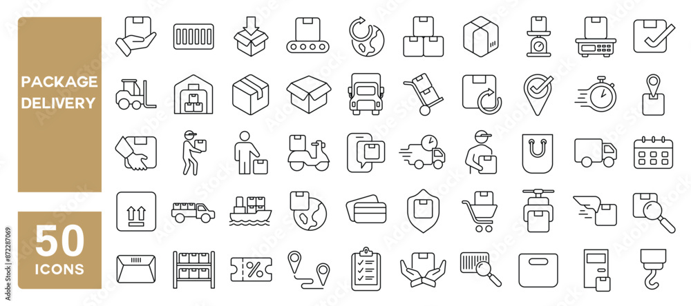 Set of 50 line icons related to package delivery, logistic, shipping ...