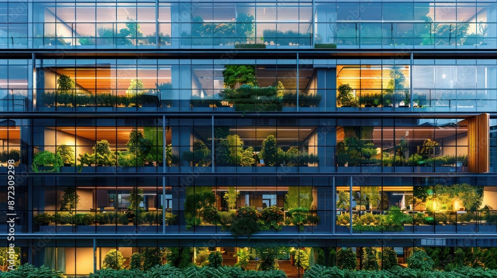 sustainable office building featuring a facade of dynamic energy ...