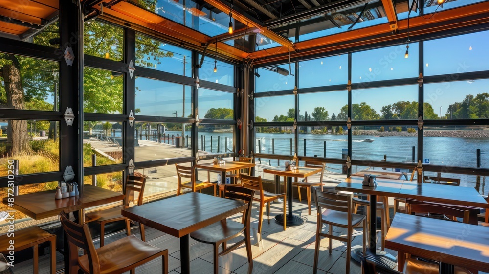 waterfront cafe with energy-efficient windows that provide a panoramic ...