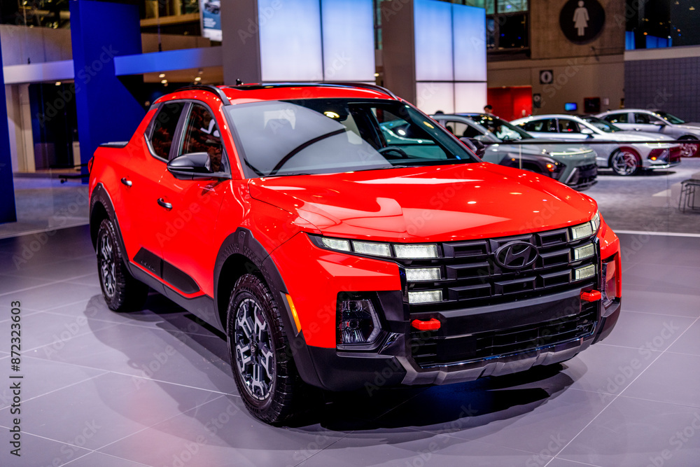 New York City, USA - March 27, 2024: Hyundai Santa Cruz orange car at ...
