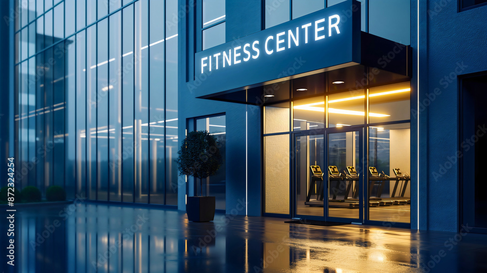 Exterior view of fitness center entrance glass door and windows. Modern ...