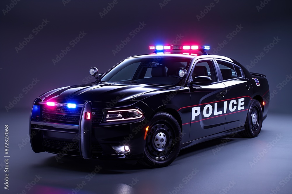 This image features a modern police car with red and blue flashing ...
