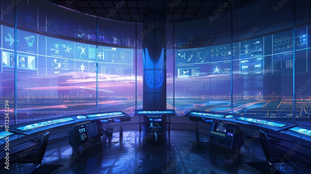 Foto de Stock Inside a futuristic air traffic control center with large screens showing flight ...