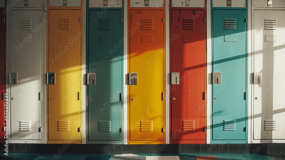 A vibrant array of brightly colored lockers with sunlight streaming ...