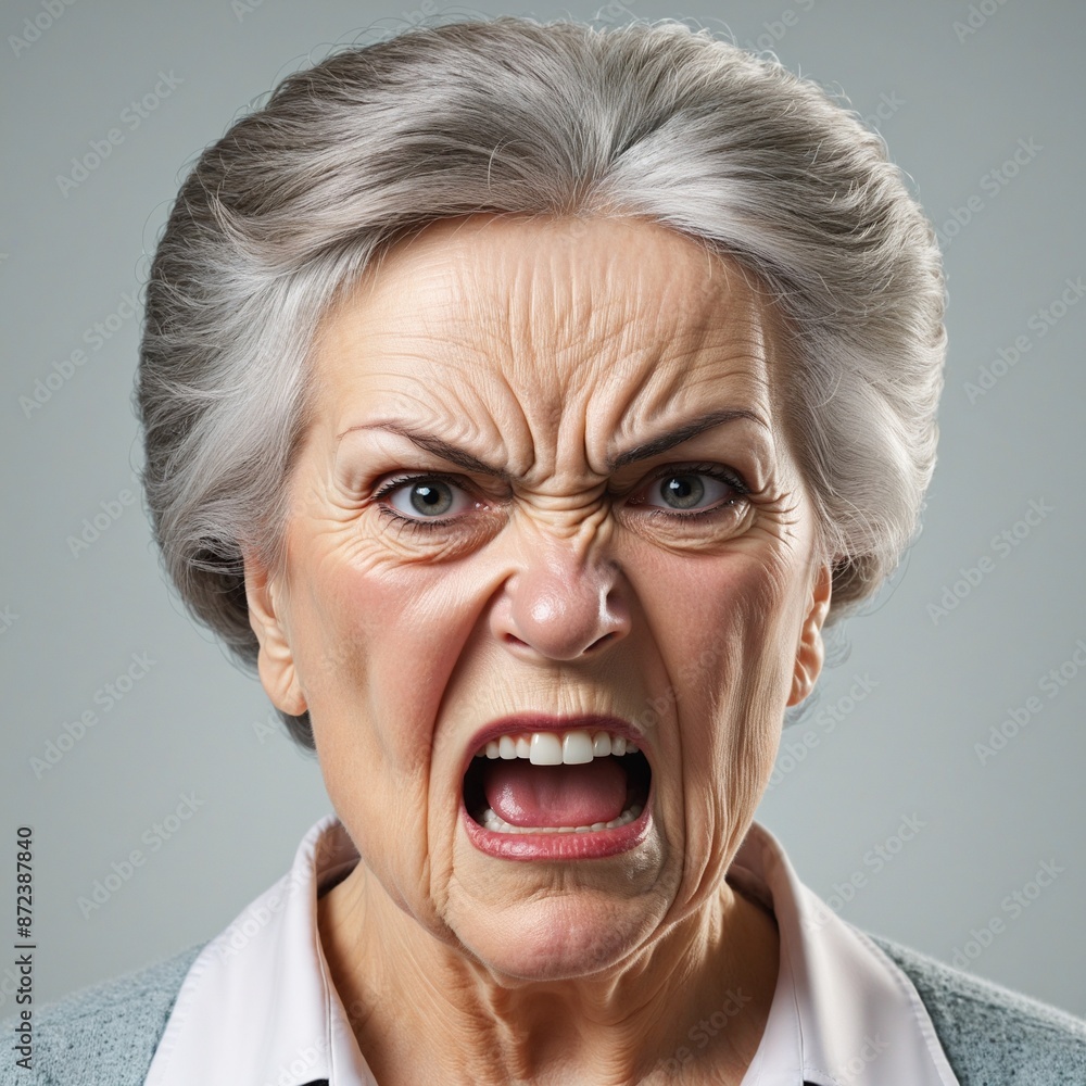 Furious senior woman with white hair and blue eyes shouting and ...