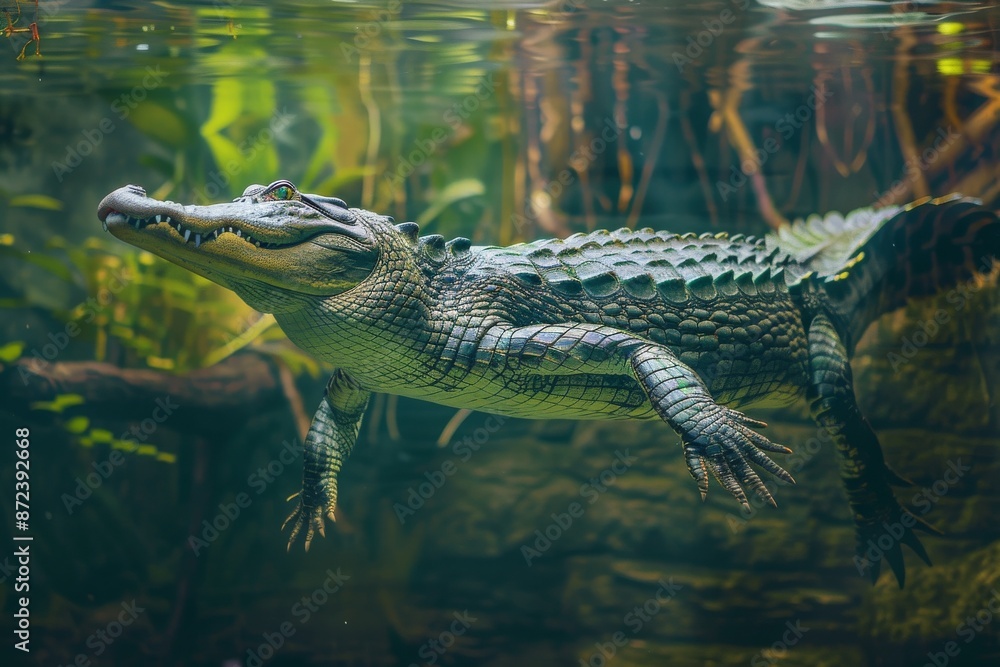 Full body view of Gharial in under water natural habitat, full body ...