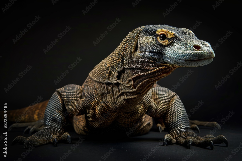 Mystic portrait of Komodo Dragon, full body view, isolated on black ...