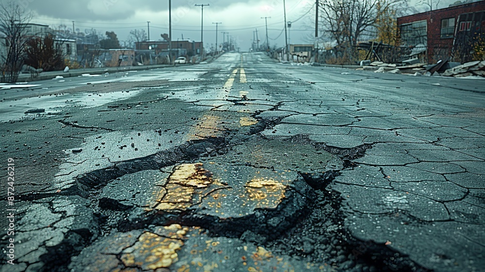 Asphalt road texture with visible cracks, wear, and faded lane markings ...