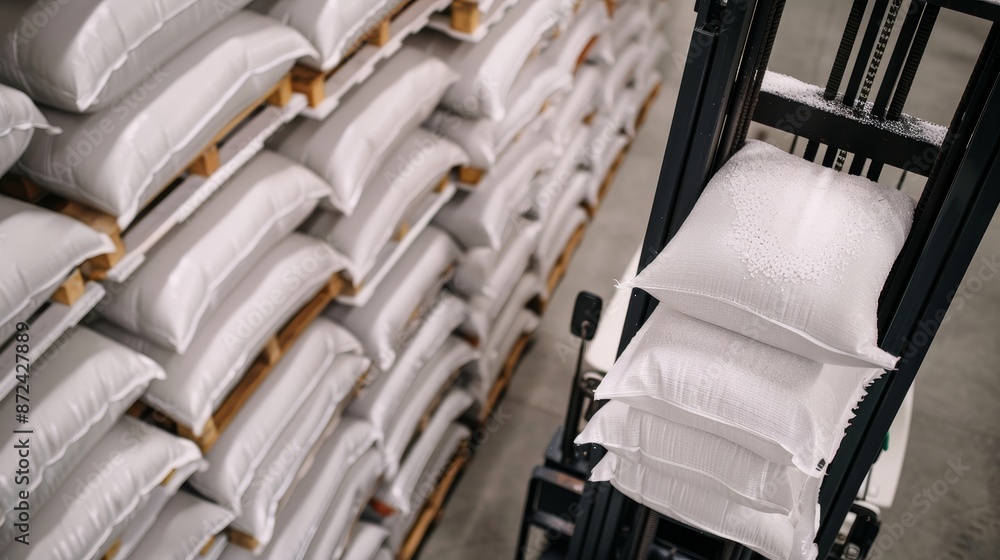 Forklift in action, carefully stacking sugar bags in a warehouse ...