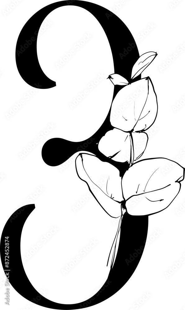 Floral number three 3 in minimalistic style, line art drawing, vector ...