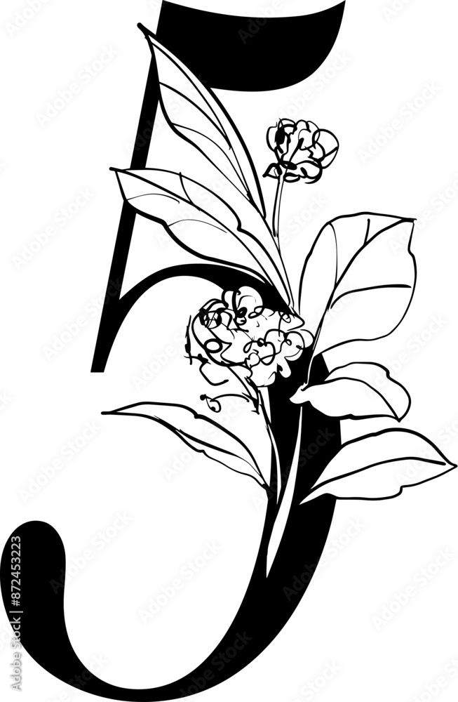 Floral number five 5 in minimalistic style, line art drawing, vector ...