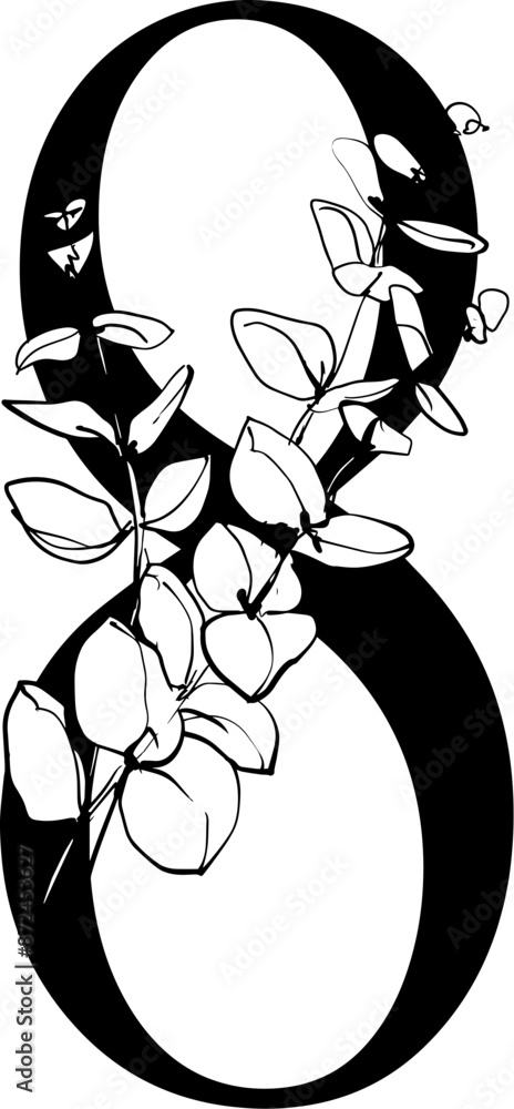Floral number eight 8 in minimalistic style, line art drawing, vector ...