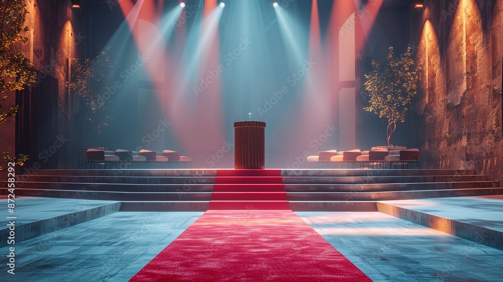 Award ceremony stage mockup with red carpet, VIP seating, and ...