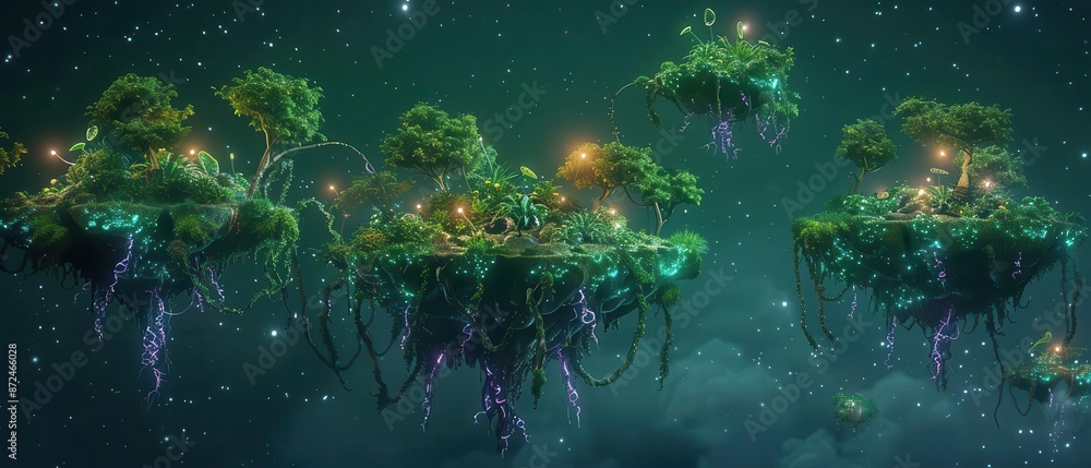 Magical floating islands with glowing flora and mysterious roots ...