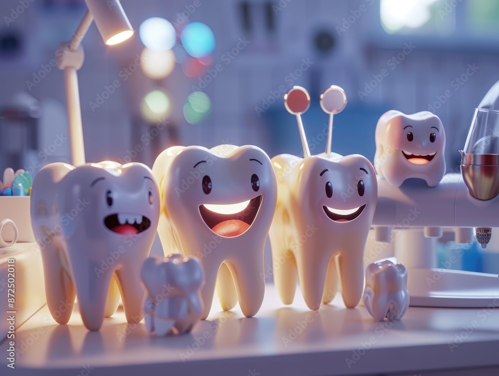 Cute cartoon teeth with smiling faces in a dental clinic, promoting ...