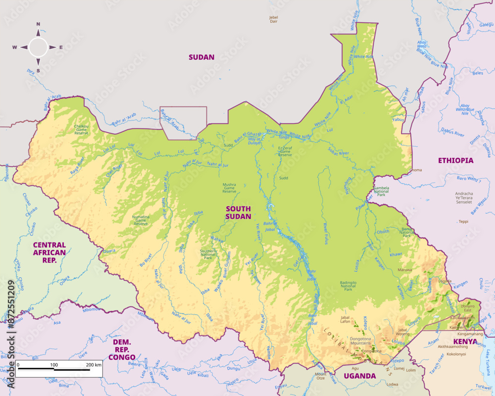 Physical map of South Sudan Stock Vector | Adobe Stock