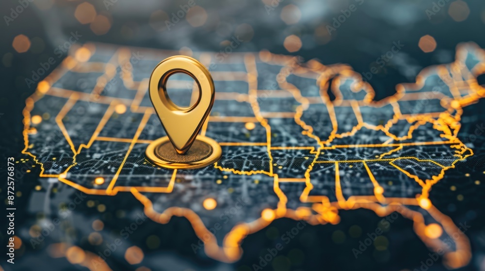 USA digital map adorned with a gold location pin icon, representing ...