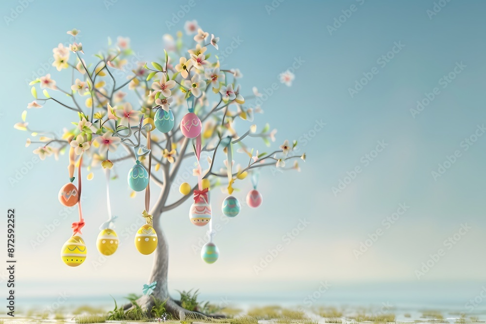 3D render of An Easter egg tree decorated with hanging eggs and ribbons ...