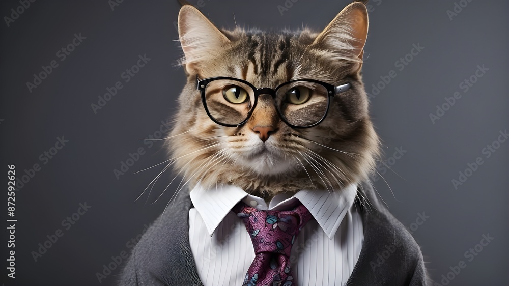 witty cat wearing a tie and spectacles against a gray backdrop ...