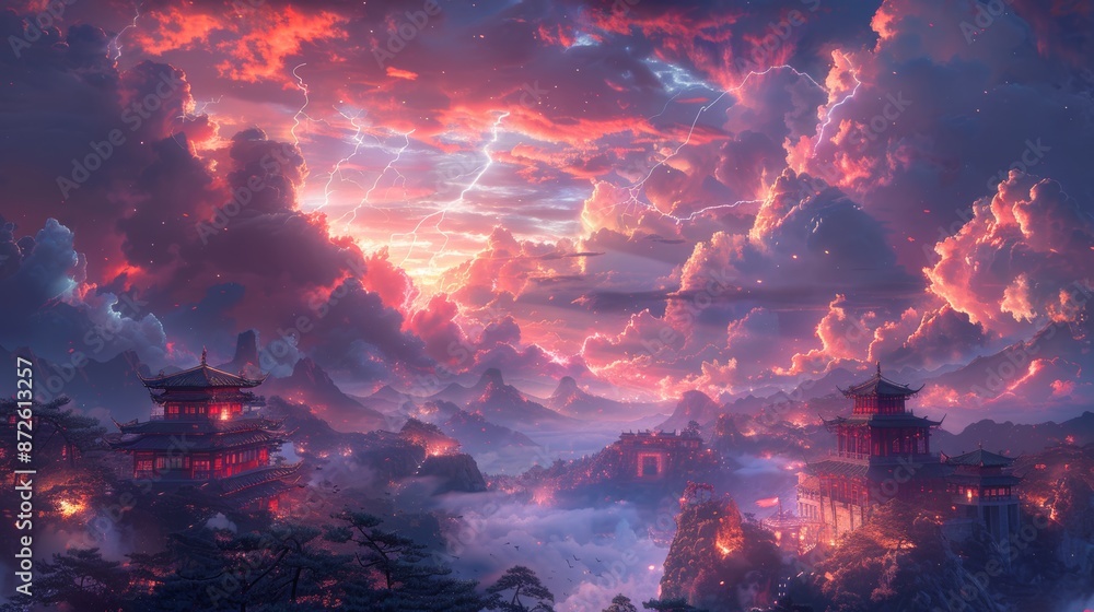 The sky above the ancient Chinese city is covered with dark clouds and ...