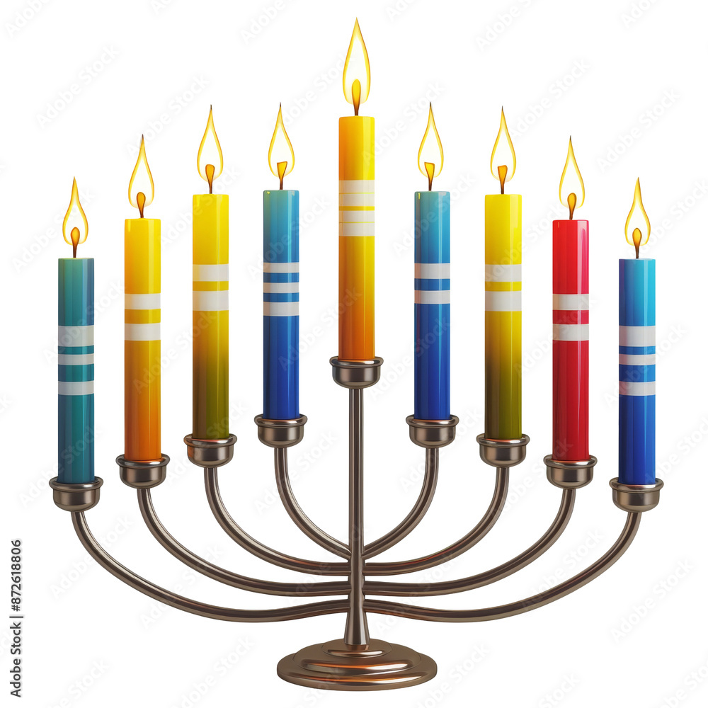 Menorah with colorful candles lit on transparent background clipart ...