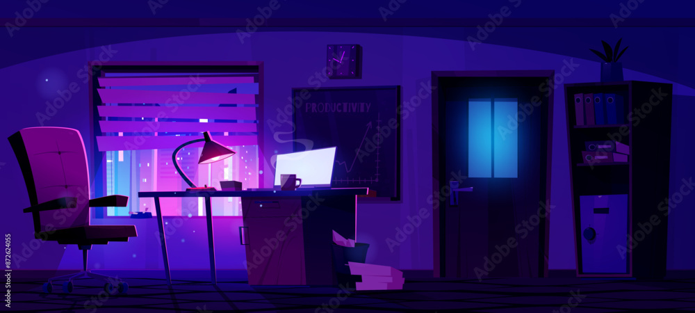 Night empty business office room interior with glow computer monitor on ...