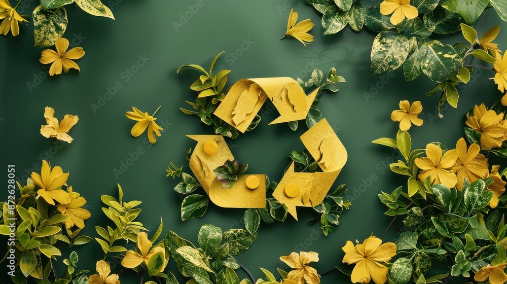 Recycle sign covered with yellow plants against green background, save ...