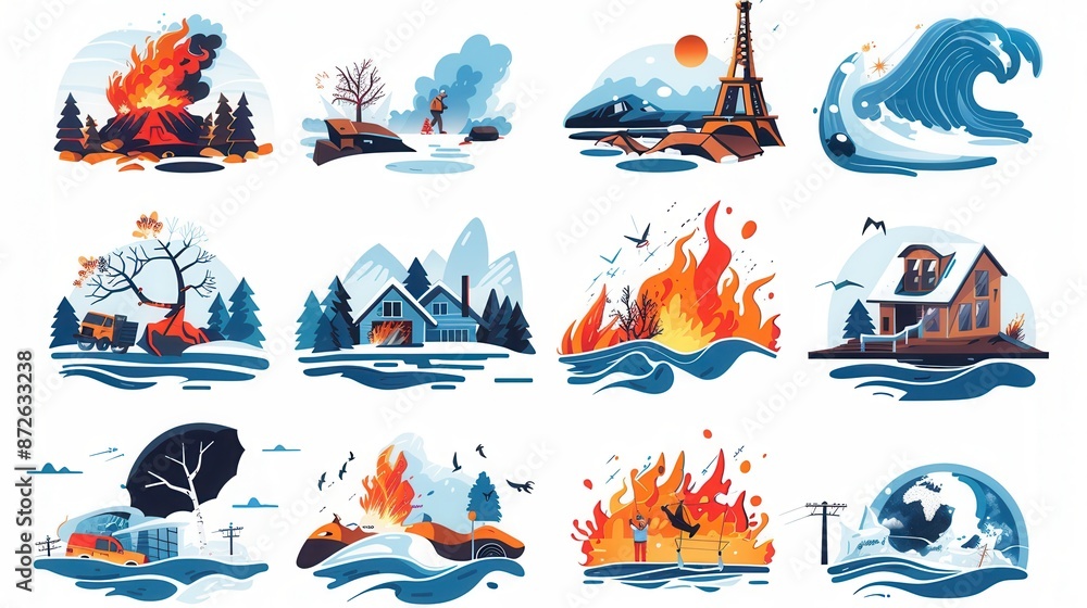 A collection of 12 cartoon illustrations depicting natural disasters ...