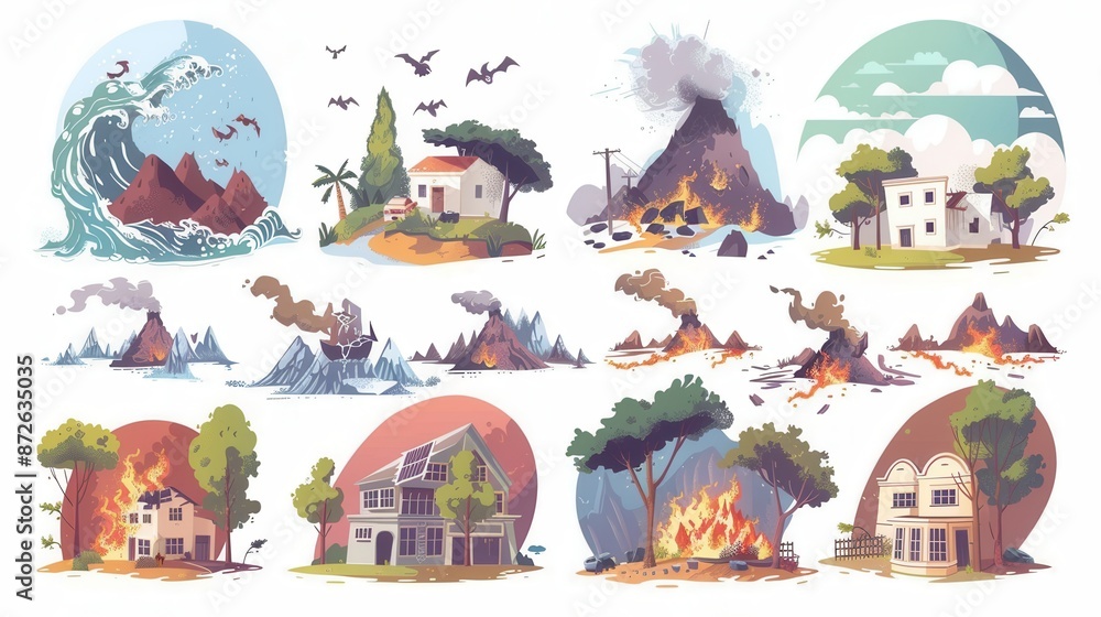 A cartoon illustration set depicting various natural disasters ...