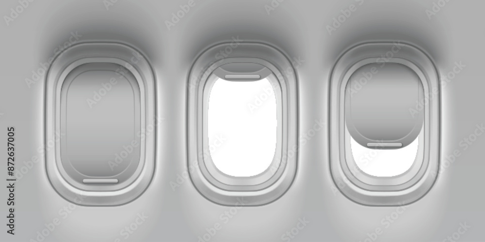 Closed, open and ajar plane window view from inside. Realistic 3d ...