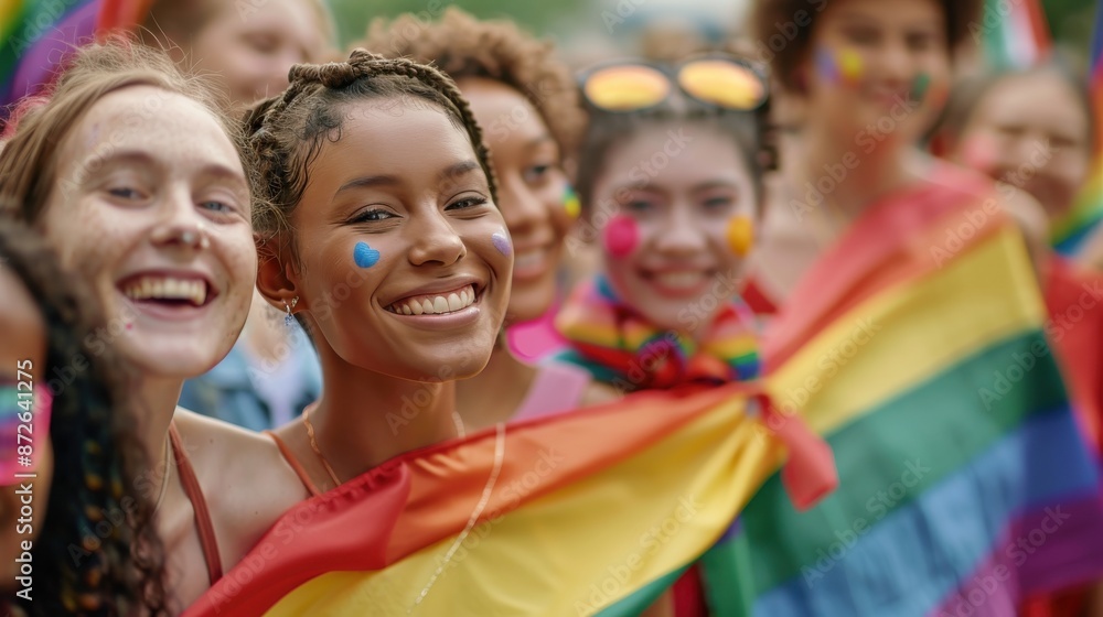 Group of young activist for lgbt rights with rainbow flag, diverse ...