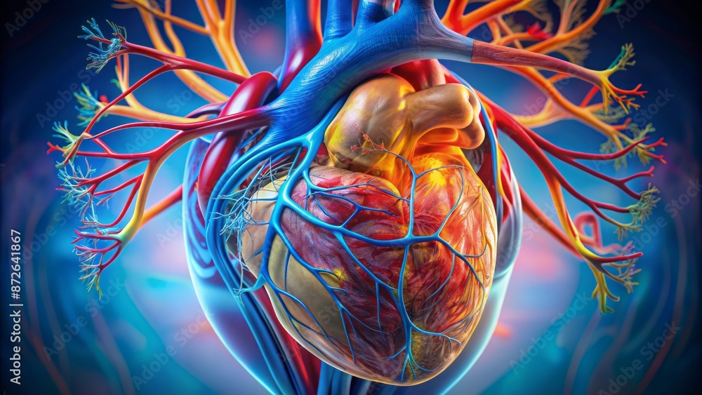 Colorful high-resolution illustration of human heart anatomy showcasing ...