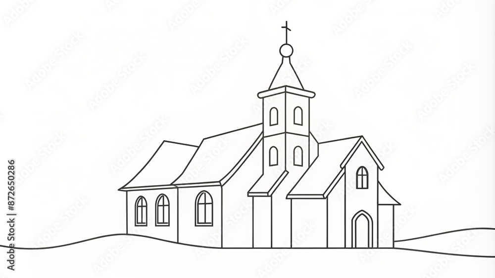 Minimalist continuous line art drawing of abstract church building with ...