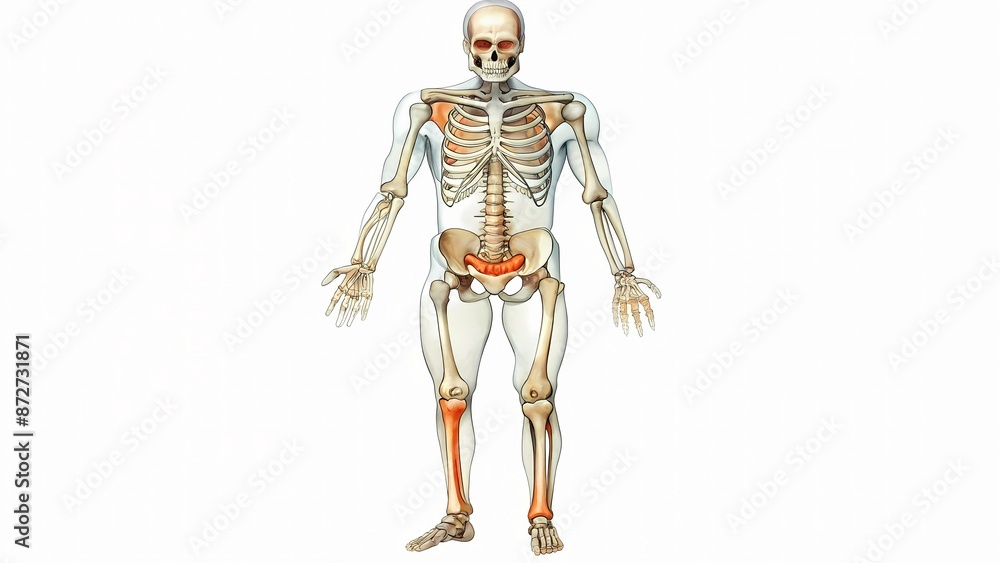 Human skeleton model showing fragile osteoporotic bones and joints with ...