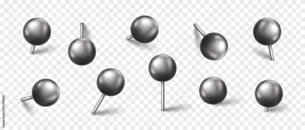 Vector 3D silver pin with shadow isolated on transparent background. Set of realistic plastic ...