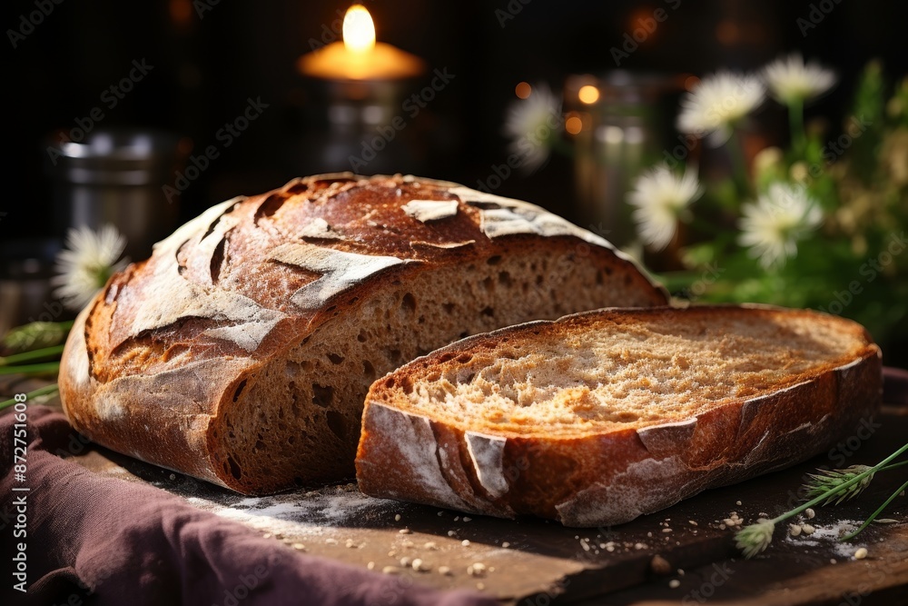Artistic abstract low key background showcasing textured rye bread for ...