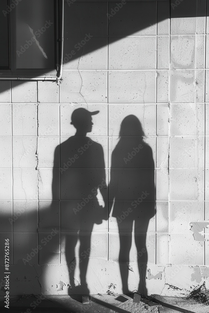 Shadows of two people holding hands cast on a house wall, with a ...