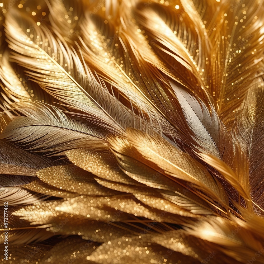 golden feathers with metallic sheen layered and overlapping each other ...