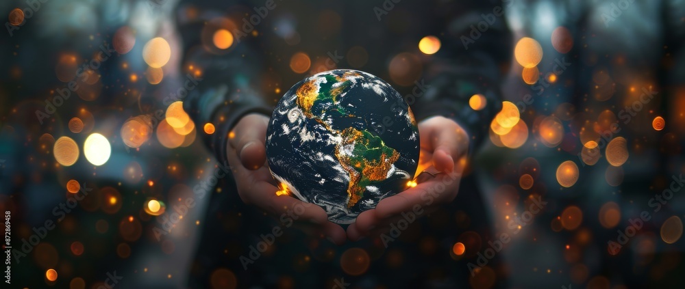 Provided images of planet Earth held by a man against the lights of a ...