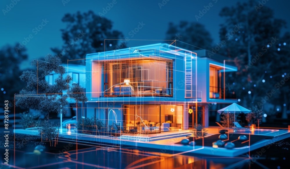 Futuristic smart home exterior, with data visualization lines ...