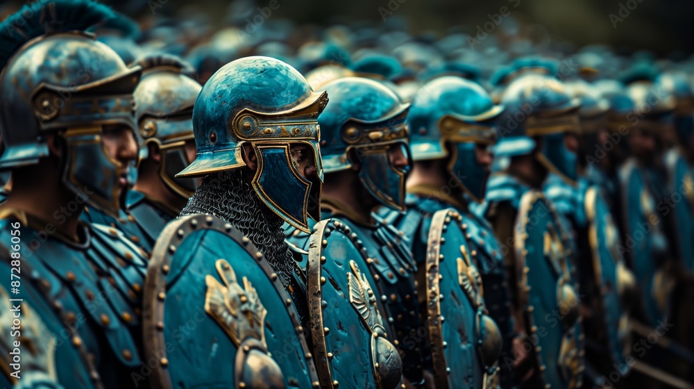 Cinematic photo of the Roman army wearing blue armor and helmets with ...