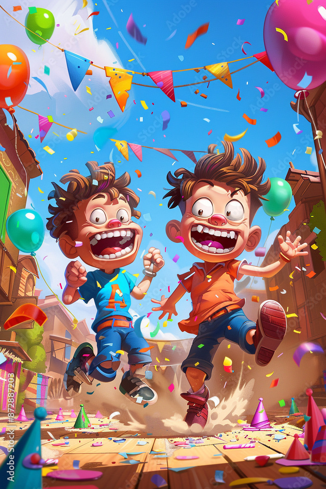 Colorful birthday card featuring two cartoon brothers in a playful ...