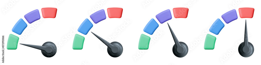 3d speedometer icon. Low, middle and high speed status. Scale score of ...