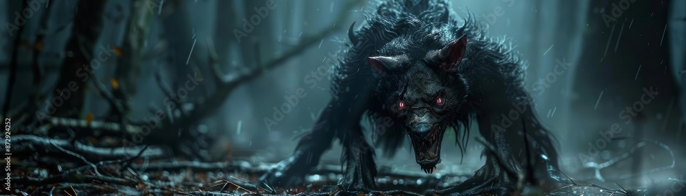 Chupacabra Focus on a chupacabra creature appearing in the woods, with ...