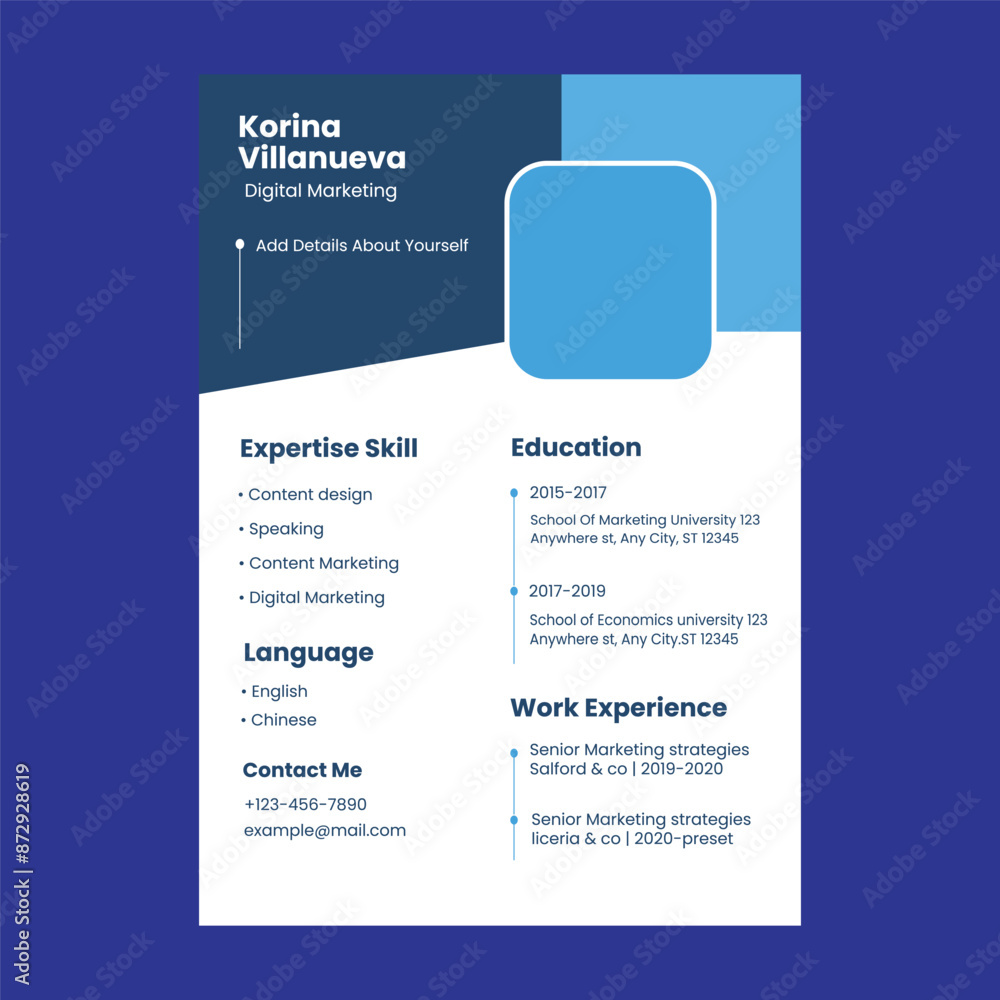 A Modern resume layout with a dark blue header and gray, left-aligned ...