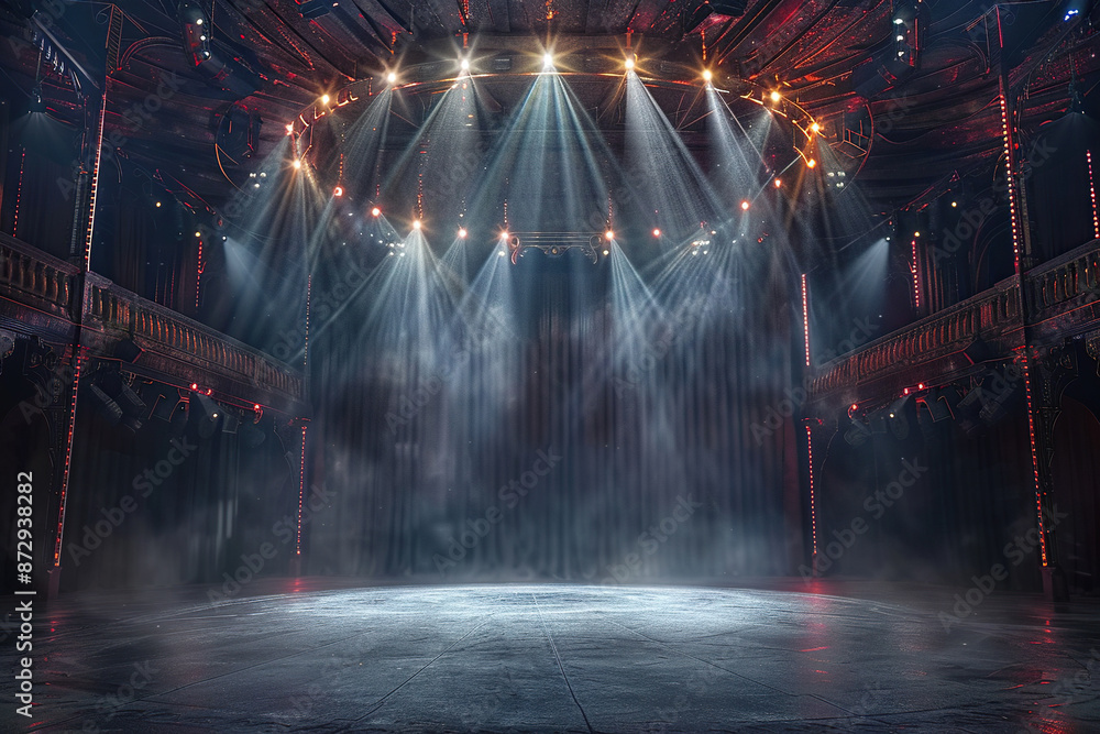 Circus arena in the light of spotlights, stage of a moving circus ...