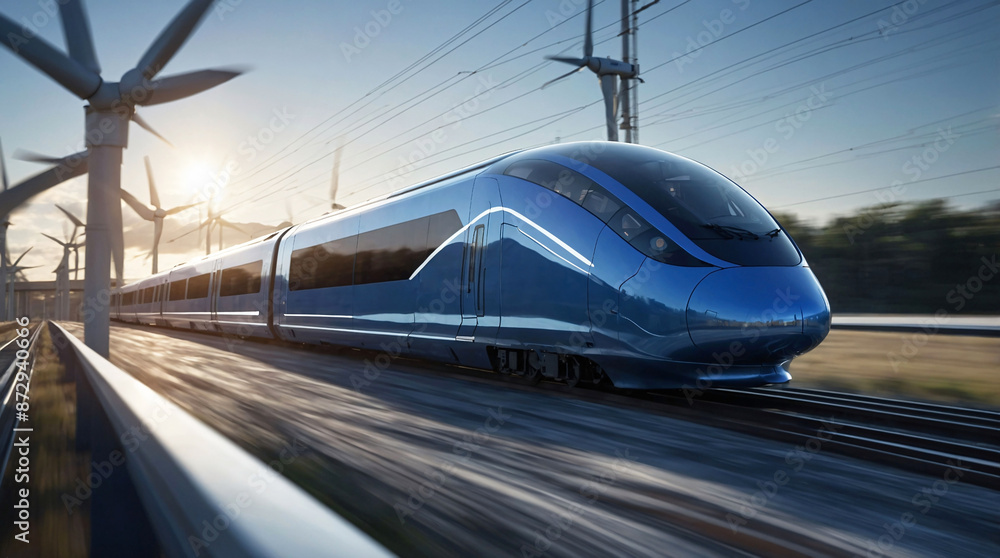 Modern blue hydrogen train driving on railroad tracks, motion blur. Sustainable, zero emission ...