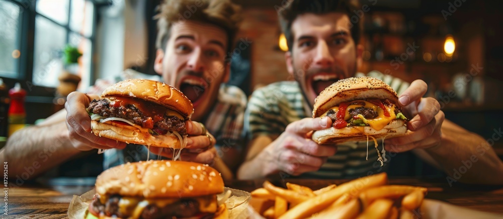 Hungry Friends Devour Juicy Burgers at Restaurant. A Feast of Flavor ...