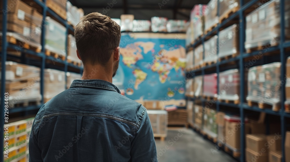 A modern warehouse with a detailed supply chain map displayed on a ...