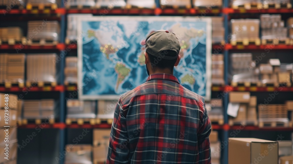 A modern warehouse with a detailed supply chain map displayed on a ...